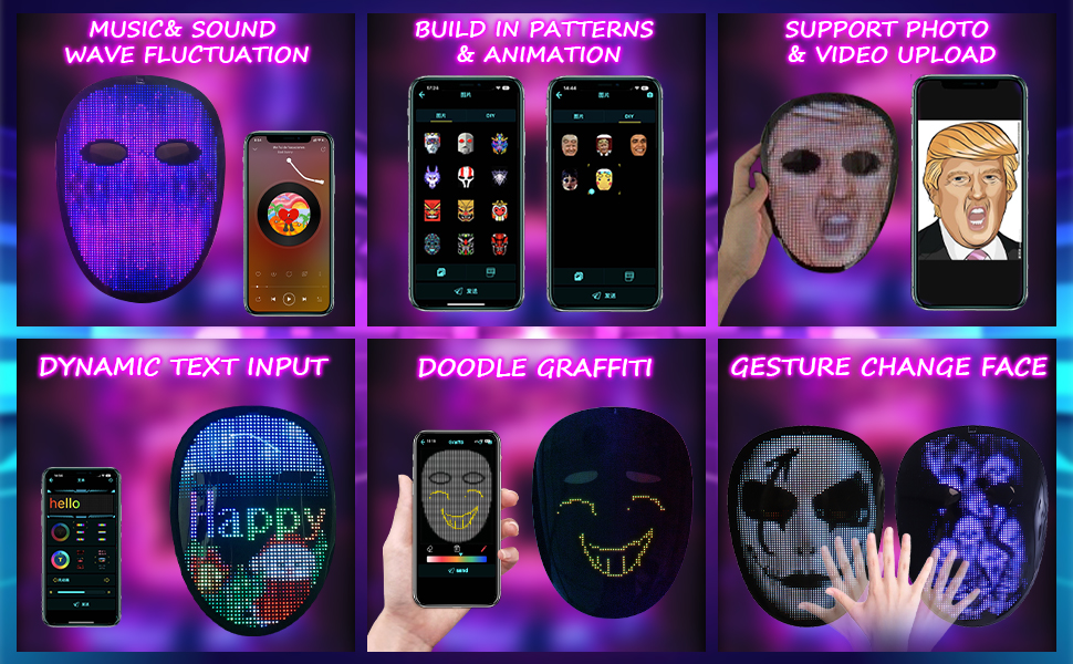 Led Mask, Light Up Mask with Gesture Sensing, LED Lighted Face ...